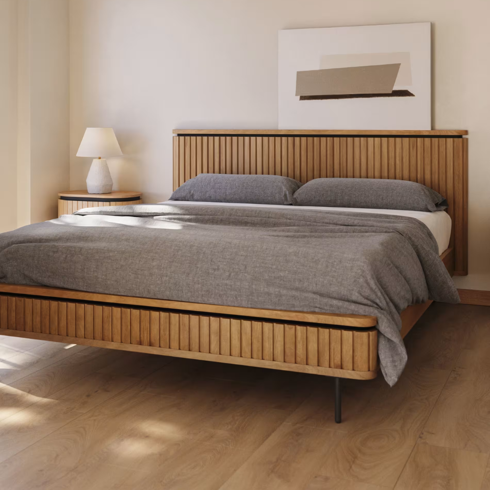 Licia Mango Wood Bed with Black Metal Accents – Customizable Wooden Bed Frame