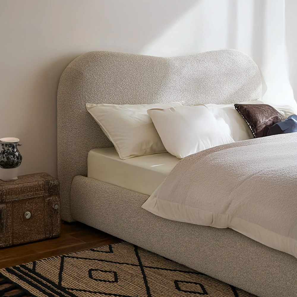 Curved Boucle Storage Bed with Wooden Legs - Premium Upholstered Bed