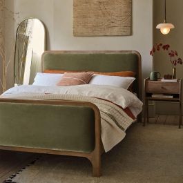 Mabel Bed | Olive Green Velvet Upholstered Bed with Modern Wooden Frame